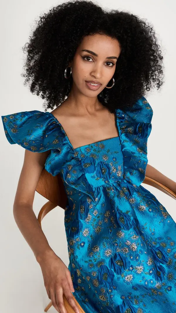 Ganni 3d Jacquard Ruffle Midi Dress In Brilliant Blue - 40% Off
